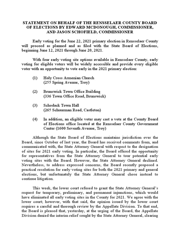 Rens Co Boe Statement 6-11-21 | PDF | Early Voting | Lawyer