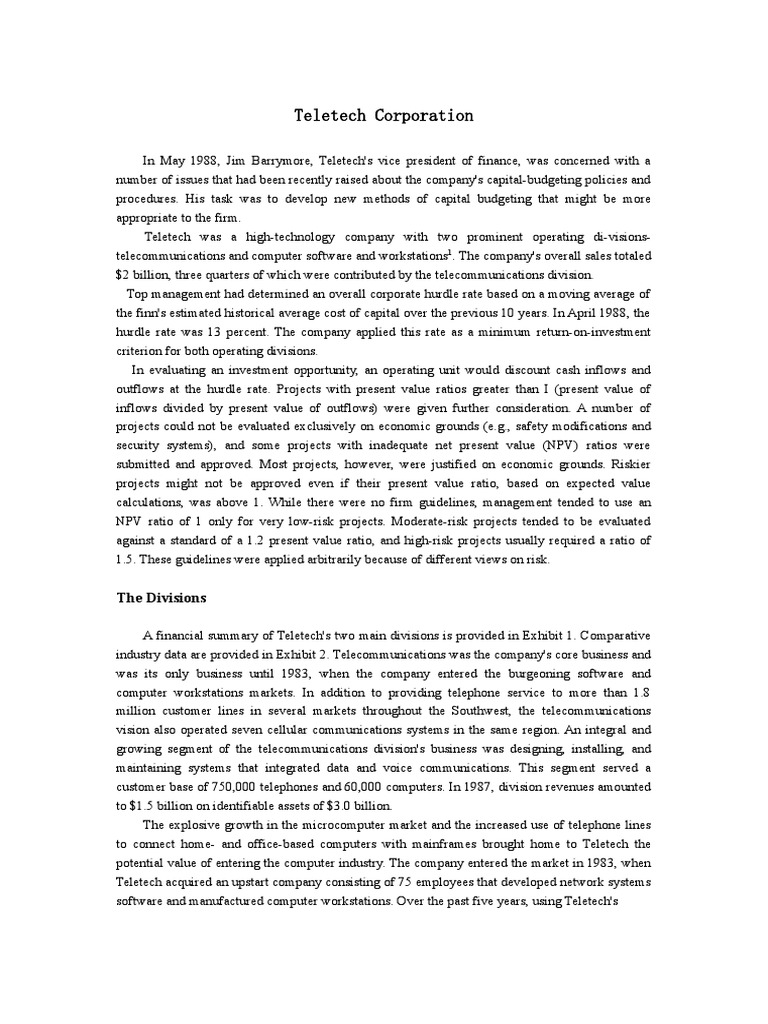 Teletech Corporation: The Divisions | PDF | Cost Of Capital | Net ...