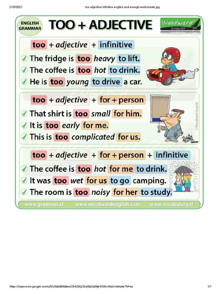 Too Adjective Infinitive English and Enough Worksheets - JPG | PDF