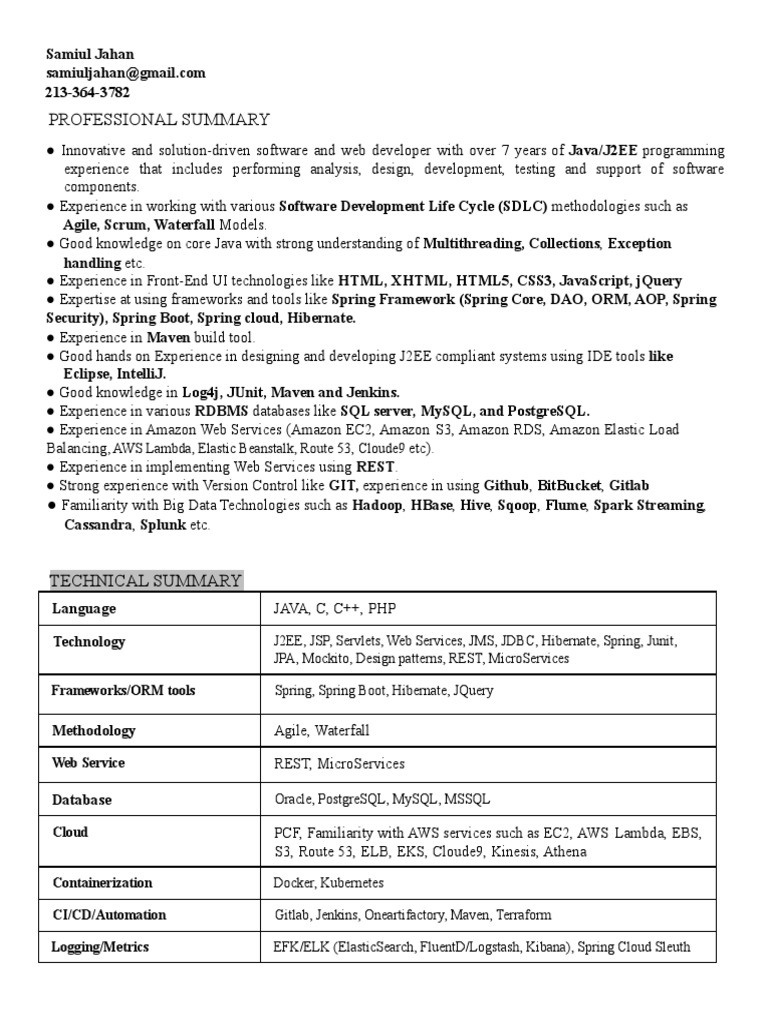 Professional Summary: Frameworks/ORM Tools | PDF | Web Application | Spring Framework
