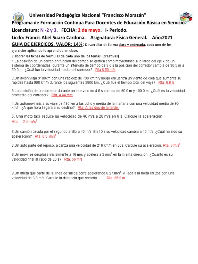 GUIA DE EJERCICOS # 3. MRU y MRUA | PDF