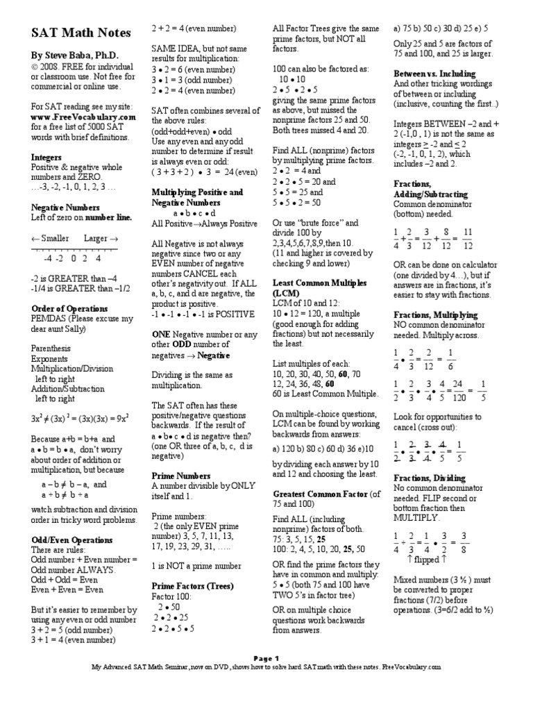 SAT Math Notes: by Steve Baba, PH.D | PDF | Triangle | Fraction ...