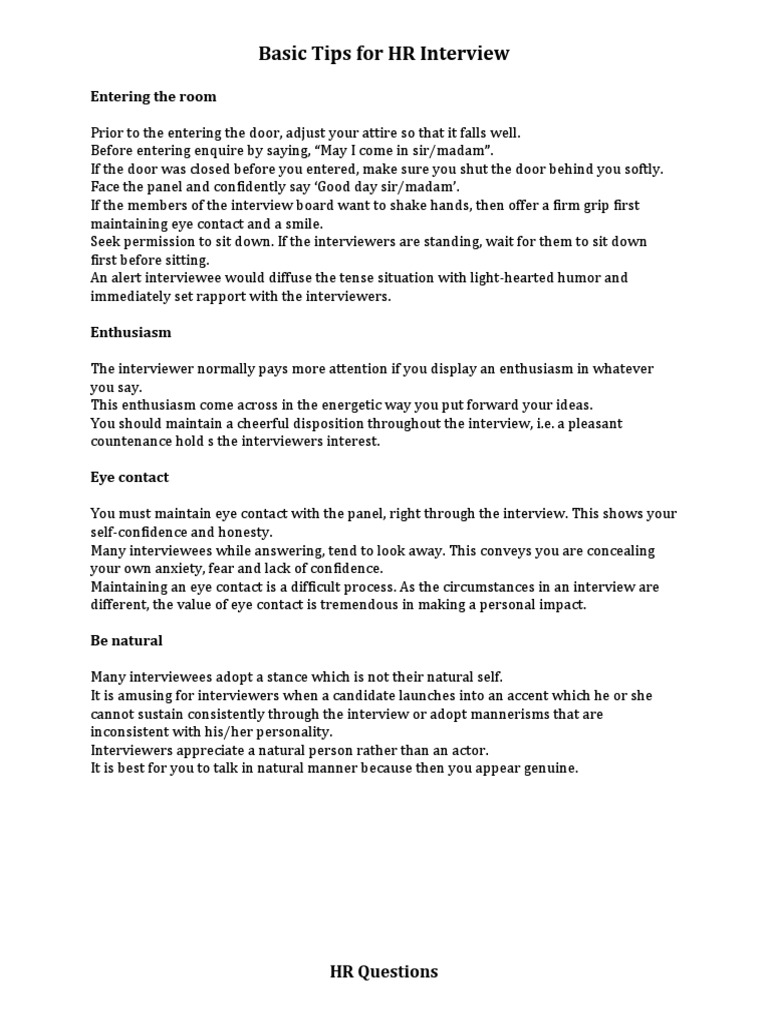 Basic Tips For HR Interview | Download Free PDF | Psychology | Human Nature