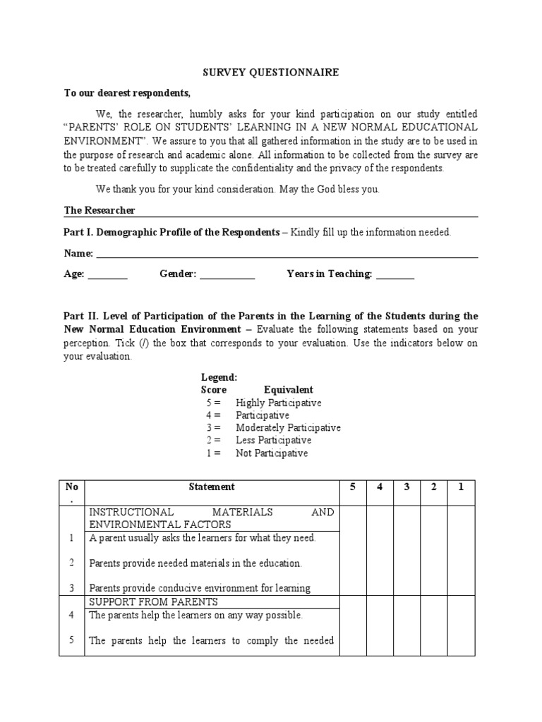 Survey Questionnaire | PDF | Learning | Behavior Modification