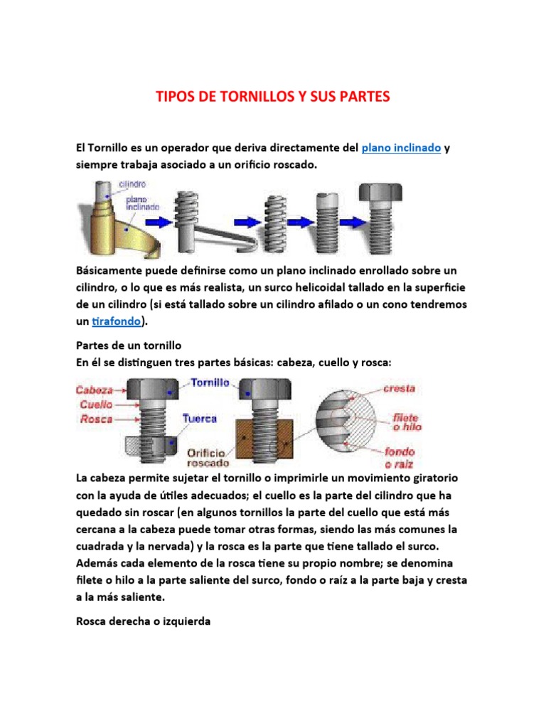 Tipos de Tornillos y Sus Partes | PDF | Tornillo | Equipo