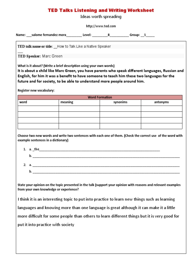 TED Talks Listening and Writing Worksheet: TED Speaker: Marc Green | PDF