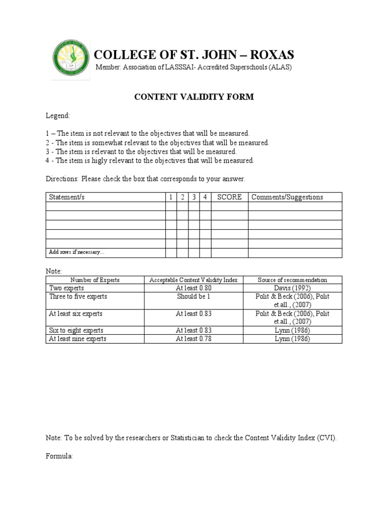 College of St. John - Roxas: Content Validity Form | PDF