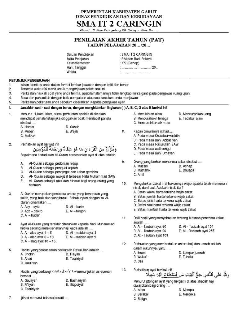 Soal PAT PAI Kelas 10 | PDF
