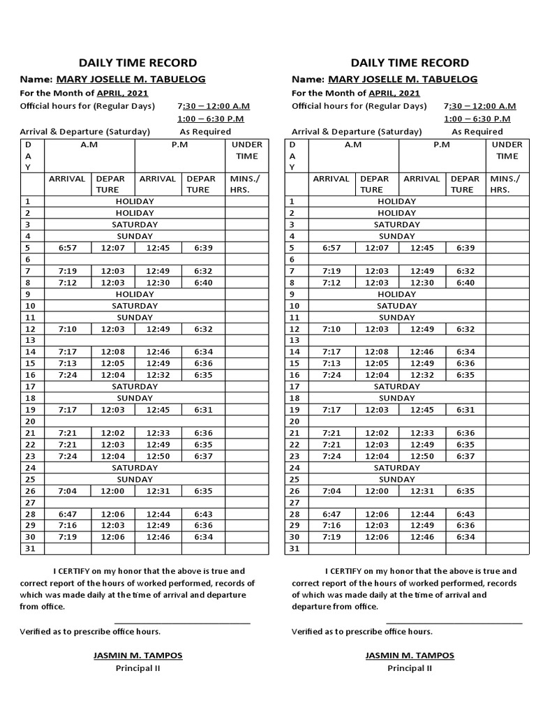 Daily Time Record Daily Time Record: Name: Mary Joselle M. Tabuelog ...
