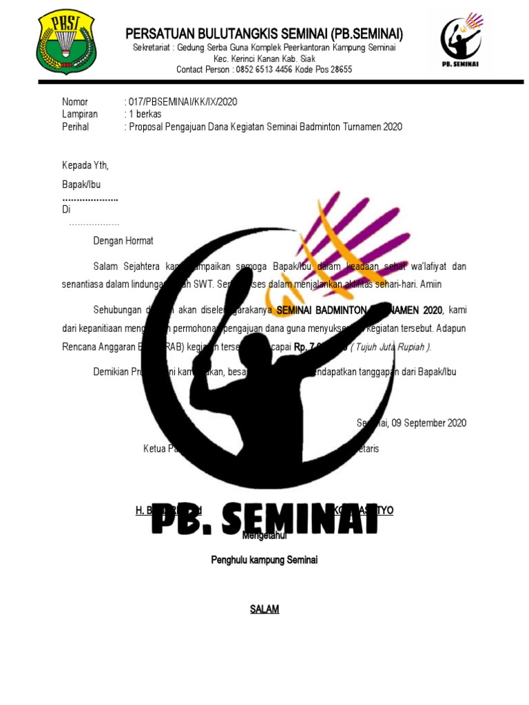 Proposal PB Seminai Badminton Turnamen 2020 | PDF