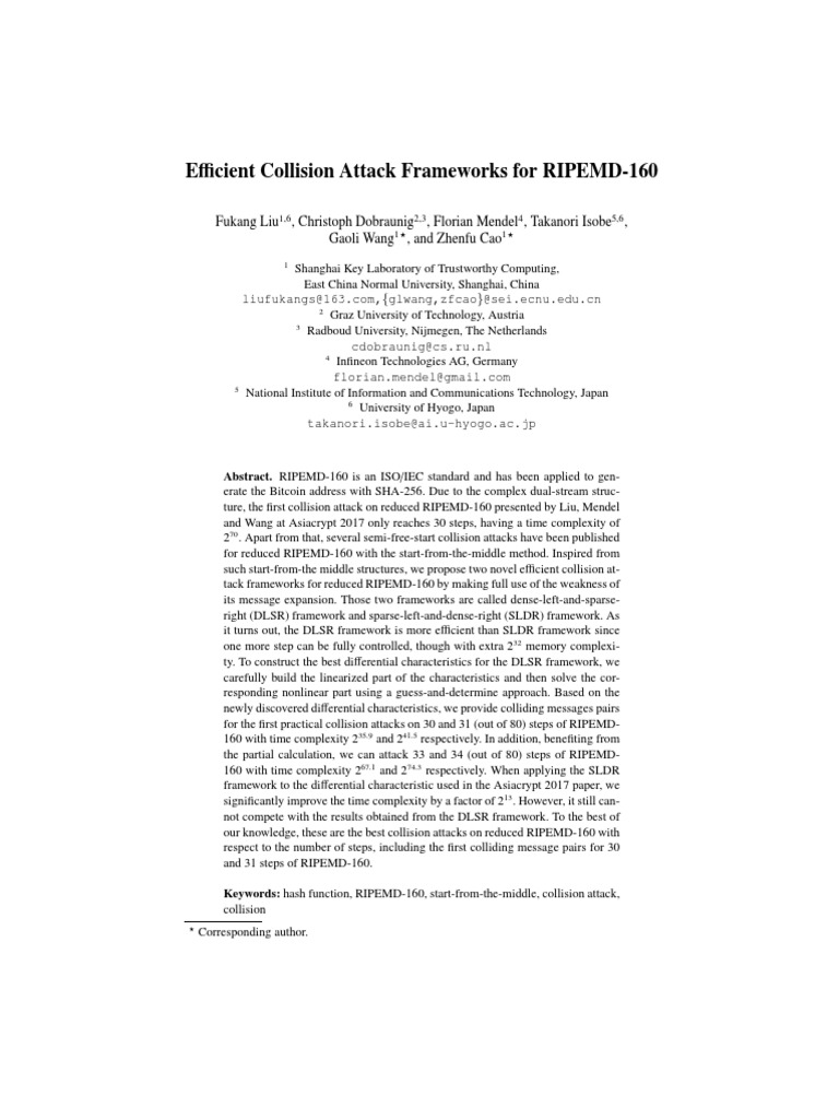 E Fficient Collision Attack Frameworks For RIPEMD-160 | Download Free ...
