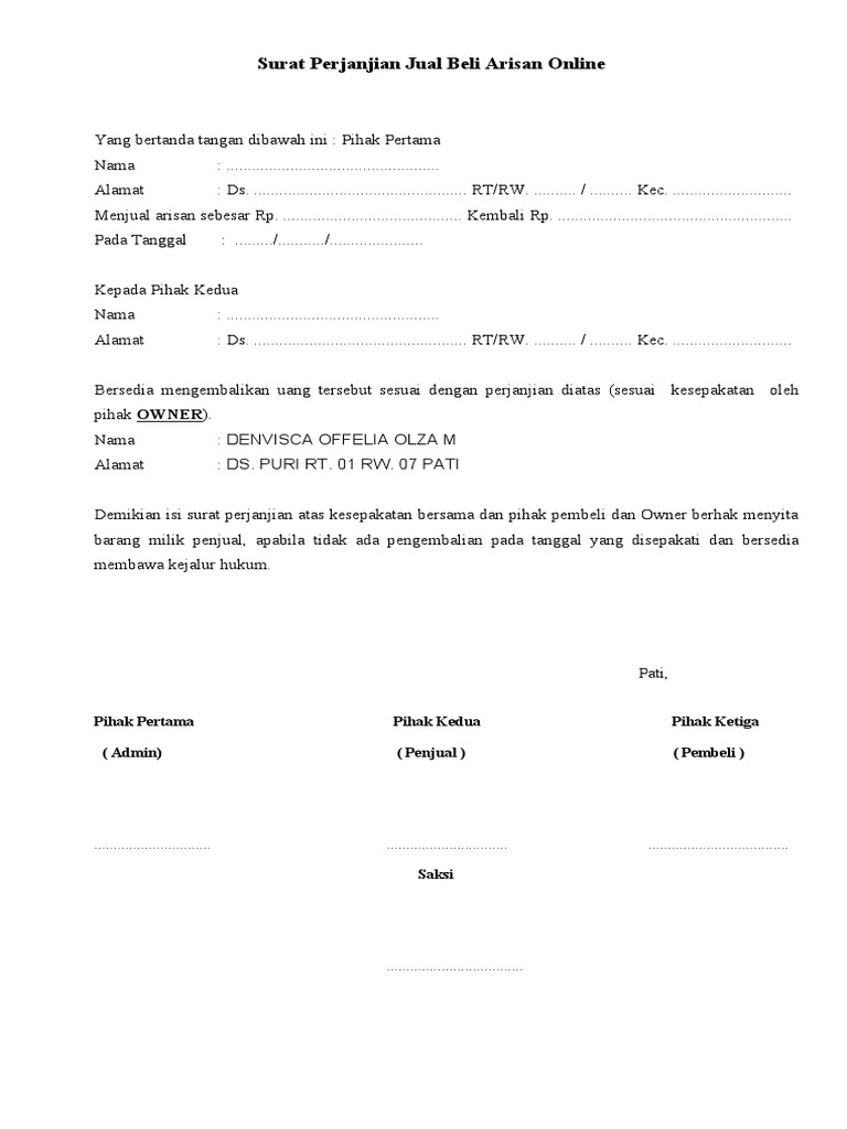 Surat Perjanjian Jual Beli Arisan Online BARU | PDF