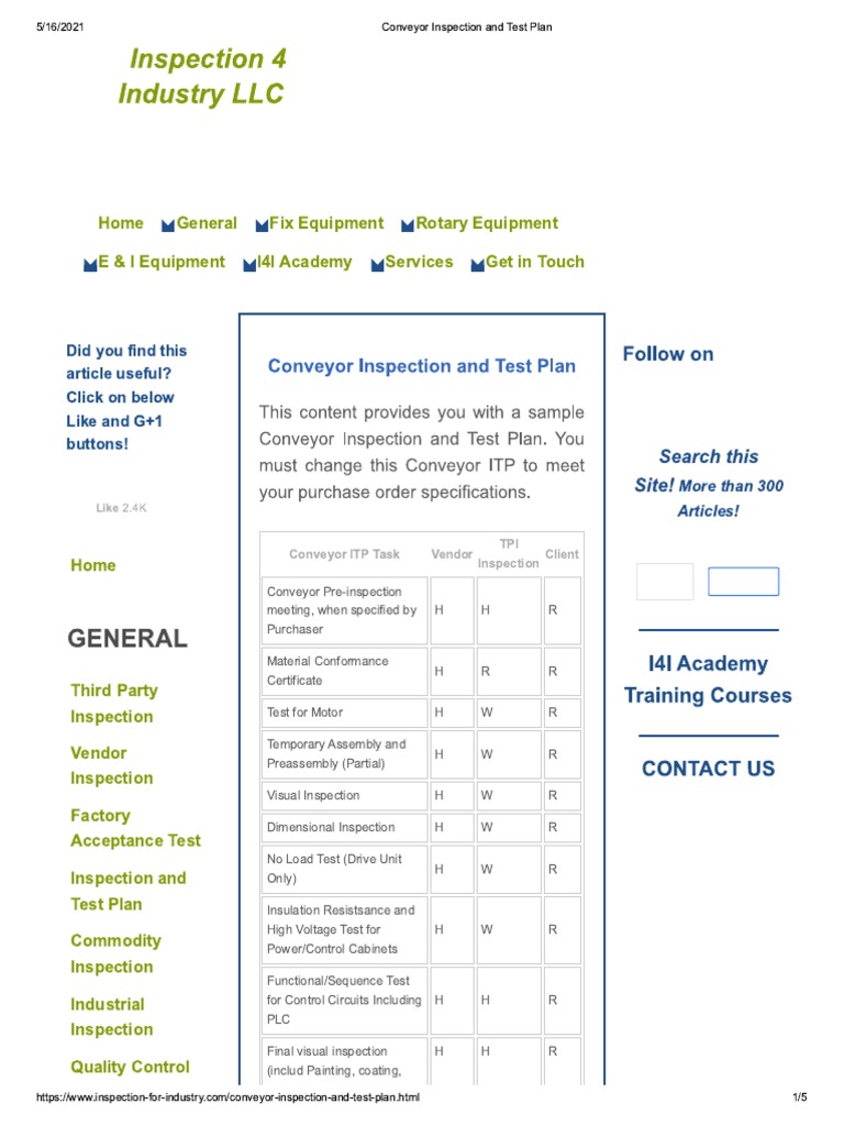 Conveyor System Inspection Report | PDF