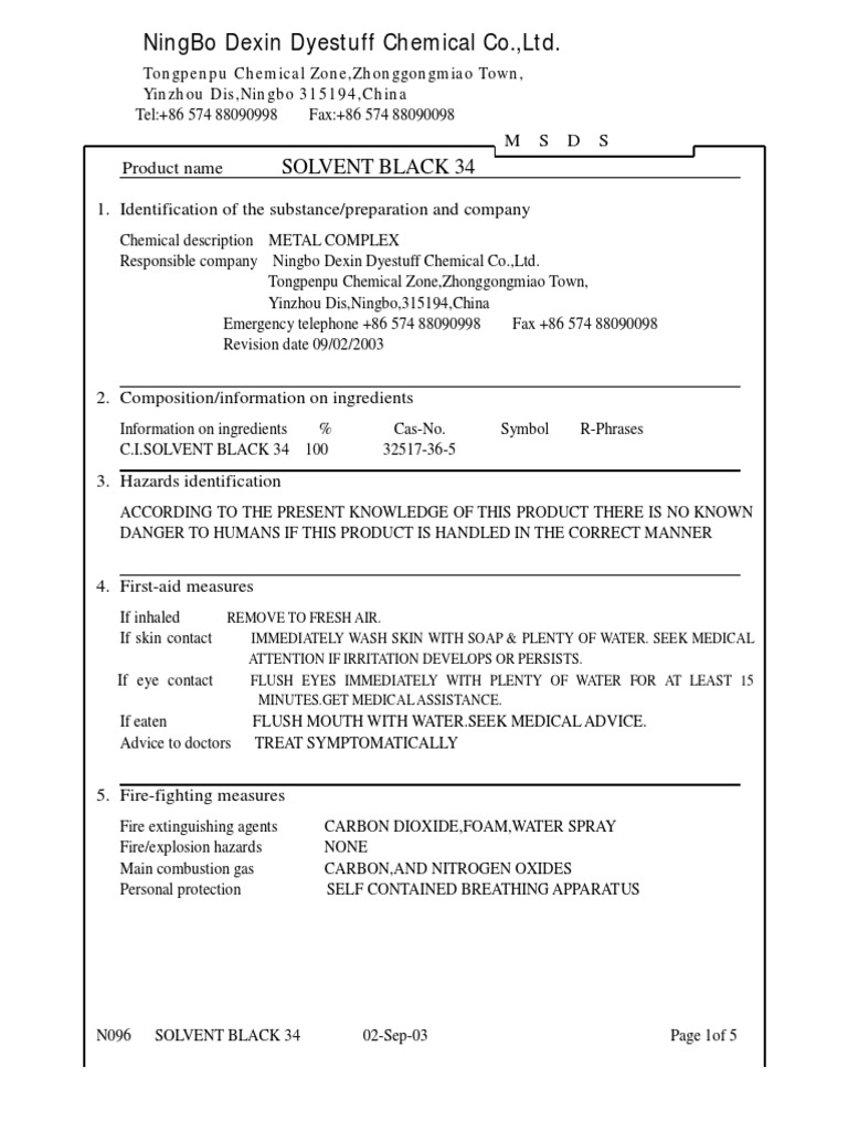Solvent Black 34 MSDS | PDF | Toxicity | Water