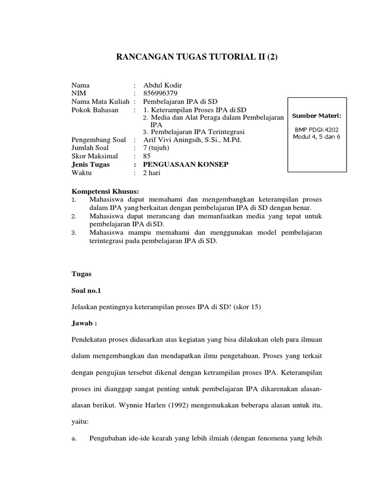 TT2 Abdul Kodir 856996379 Pembelajaran IPA Di SD | PDF | Karier & Perkembangan