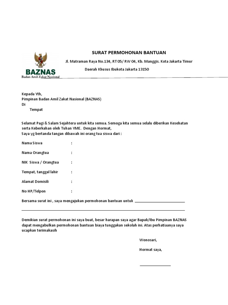 Surat Permohonan Bantuan BAZNAS | PDF