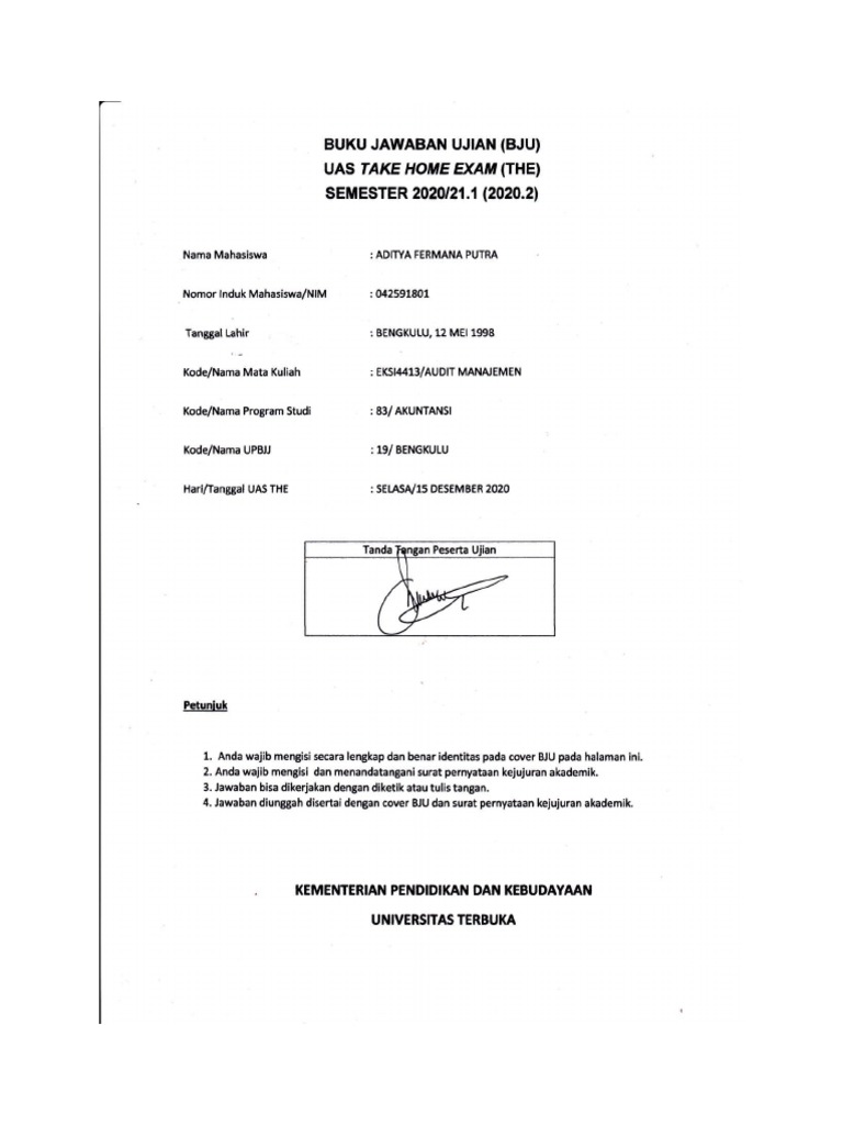Uas Aditya Fermana Putra 042591801 Eksi4413 | PDF | Pengelolaan Keuangan & Uang | Hukum