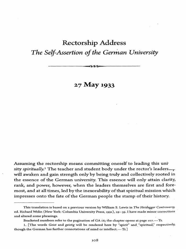 Heidegger's 1933 Rectorial Address | PDF | Existence | Philosophy