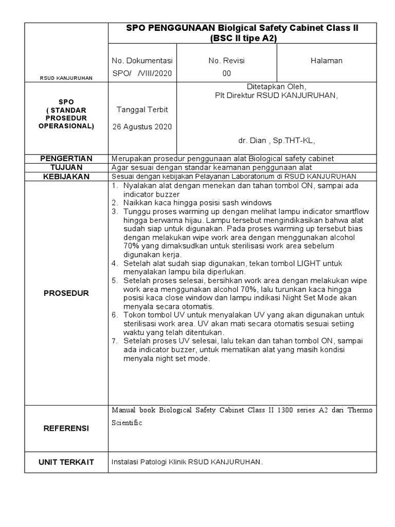 SPO Penggunaan BSC Tipe II A2 | PDF