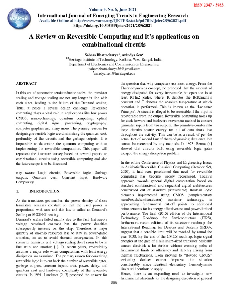 A Review On Reversible Computing And It S Applications On Combinational Circuits Pdf Logic