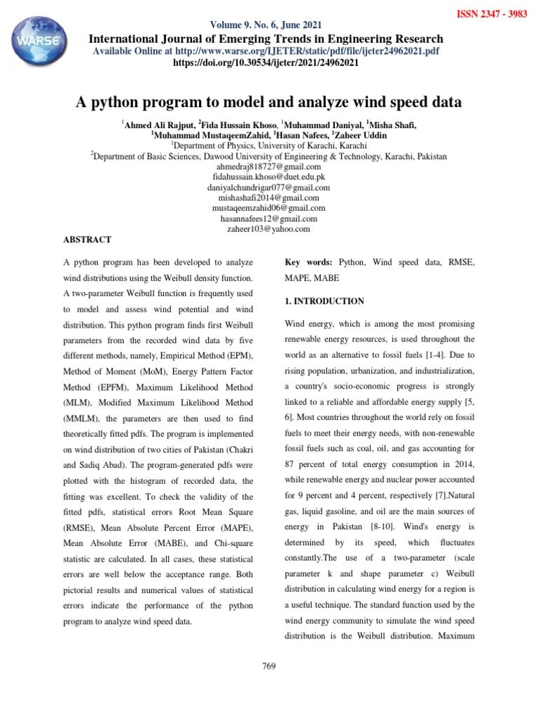 A Python Program To Model And Analyze Wind Speed Data Pdf Statistical Theory Teaching