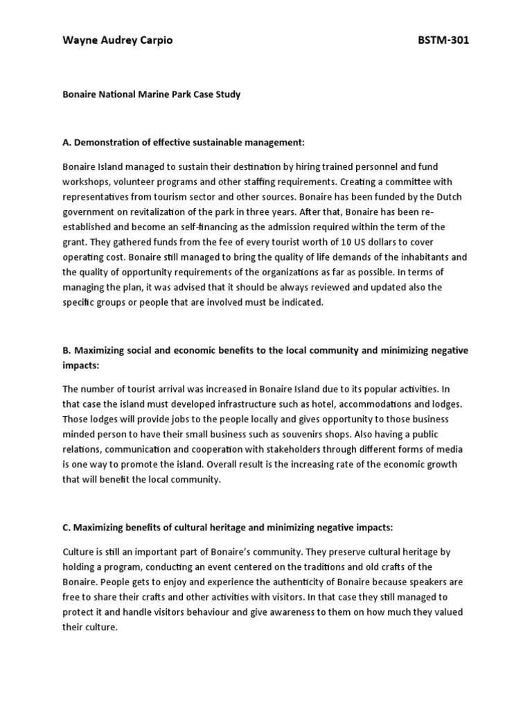 Wayne Audrey Carpio Bonaire National Marine Park Case Study | PDF ...