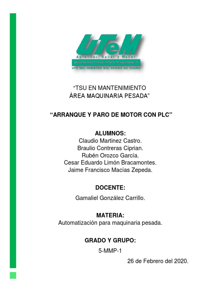 Reporte Arranque y Paro Con PLC | PDF | Controlador lógico programable | Corriente eléctrica