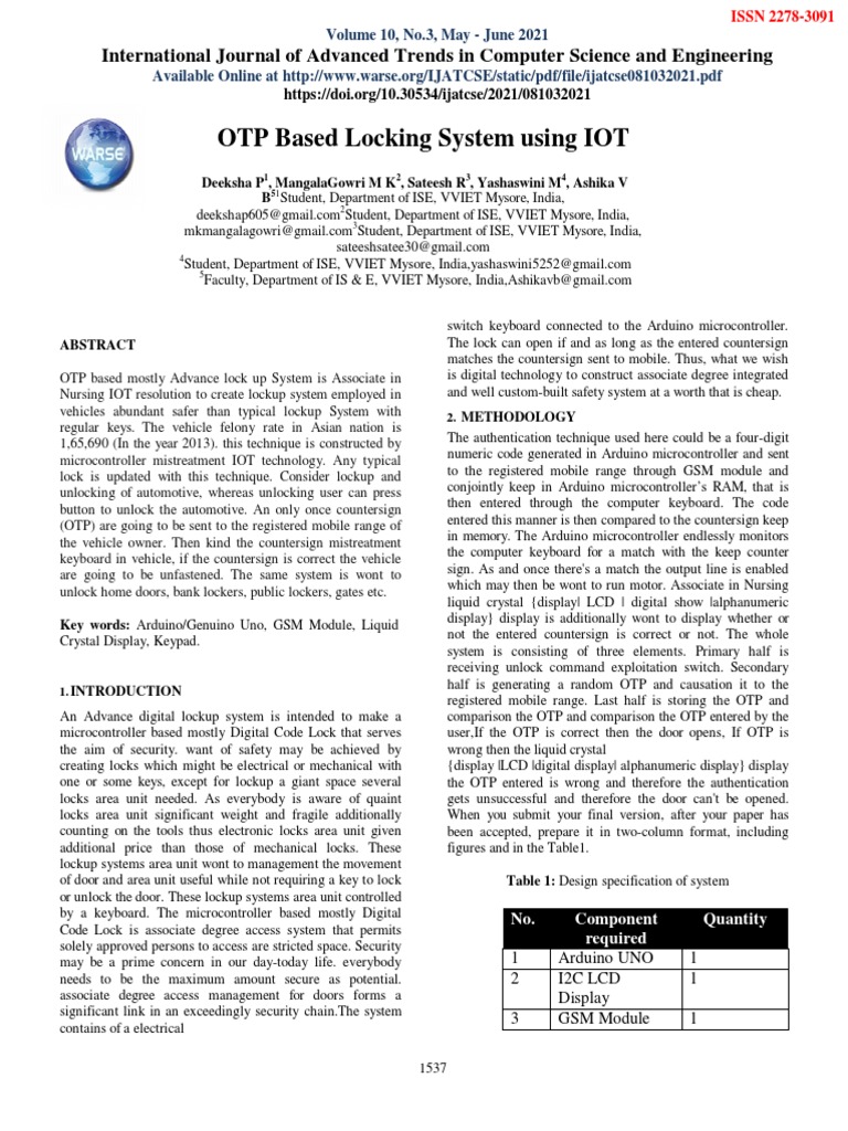 Otp Based Locking System Using Iot Pdf Arduino Computer Engineering