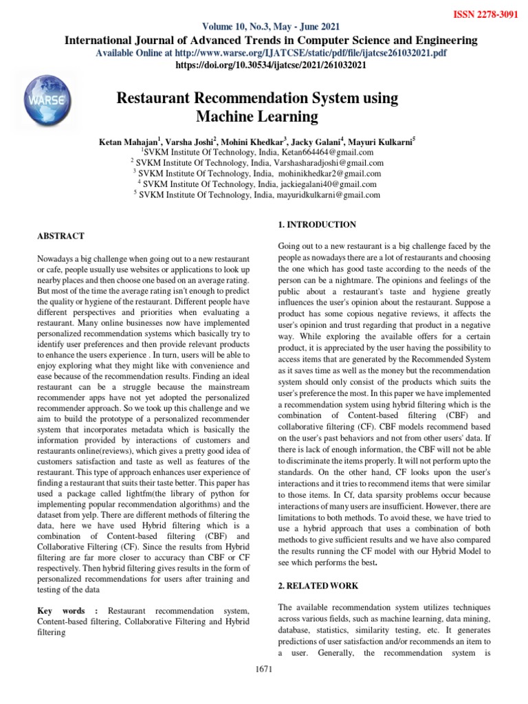 Restaurant Recommendation System Using Machine Learning | PDF | Applied ...
