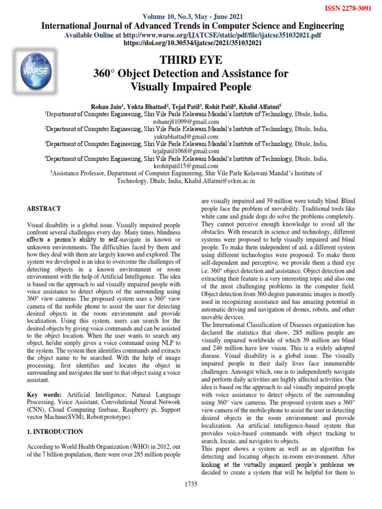 THIRD EYE 360° Object Detection and Assistance For Visually Impaired People | PDF | Visual ...