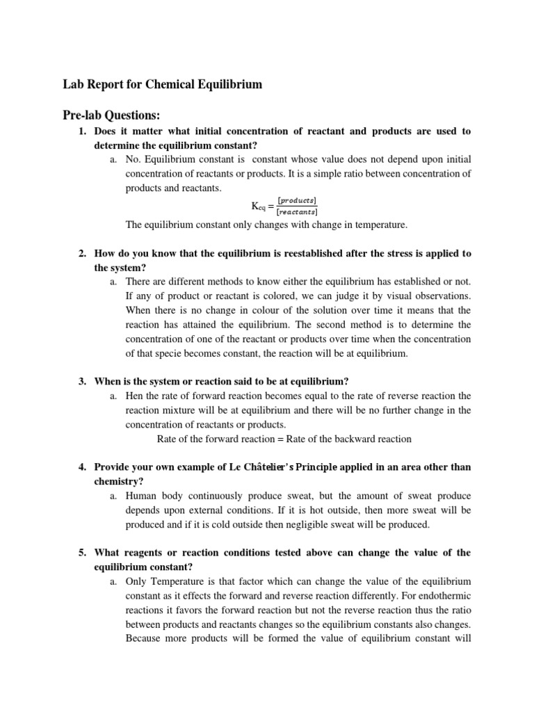 Lab Report For Chemical Equilibrium Pre-Lab Questions | PDF | Reaction ...
