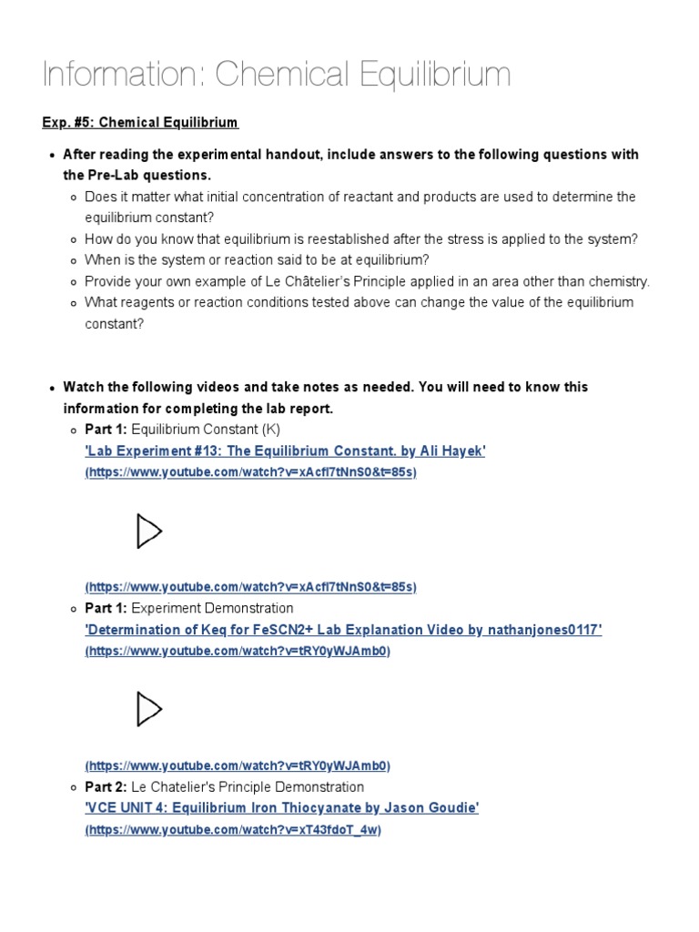Information: Chemical Equilibrium: 'Lab Experiment #13: The Equilibrium ...