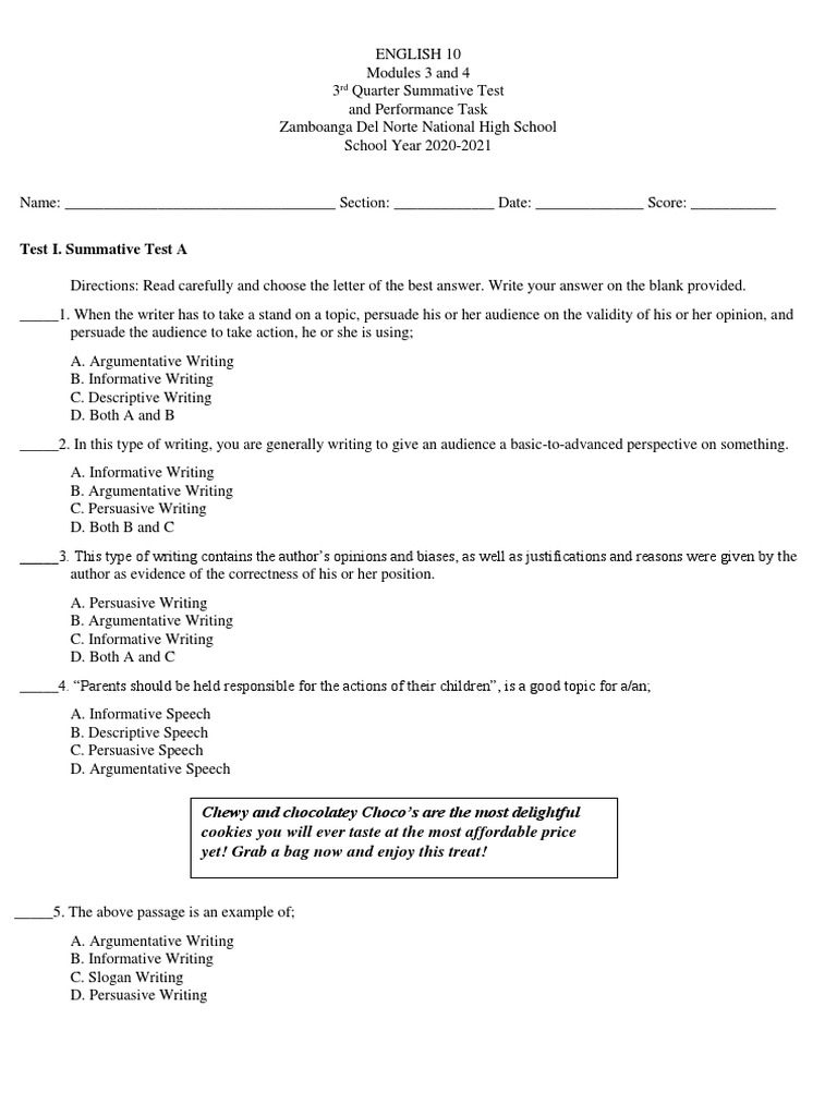English 10 Summative Test & Task Guide | PDF | Word | Linguistics