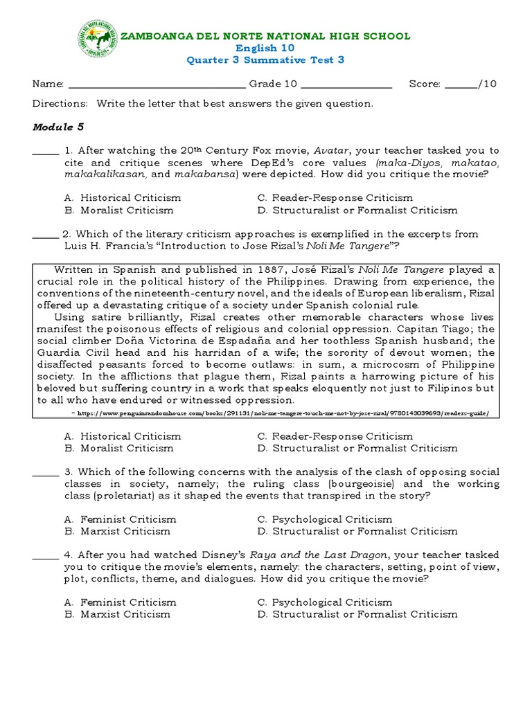English 10 Quarter 3 Summative Test 3 and Performance Task 3 | PDF ...