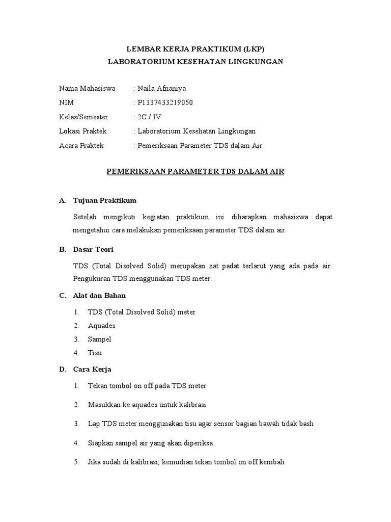 Pemeriksaan TDS dalam Air Praktikum | PDF | Kesehatan Holistik | Sains ...