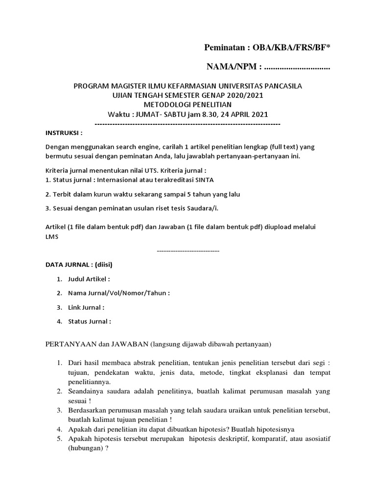 Soal UTS Metodologi Penelitian S2 Genap 2020-2021 | PDF