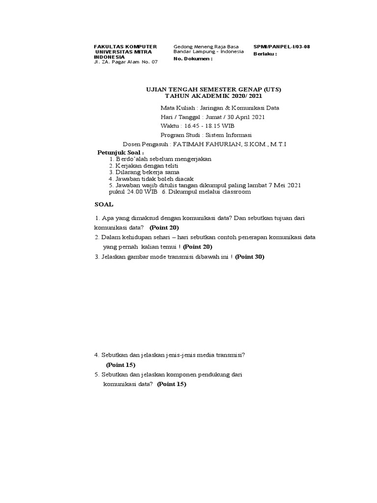 Soal Uts Jaringan Dan Komunikasi Data | PDF | Teknologi & Rekayasa ...