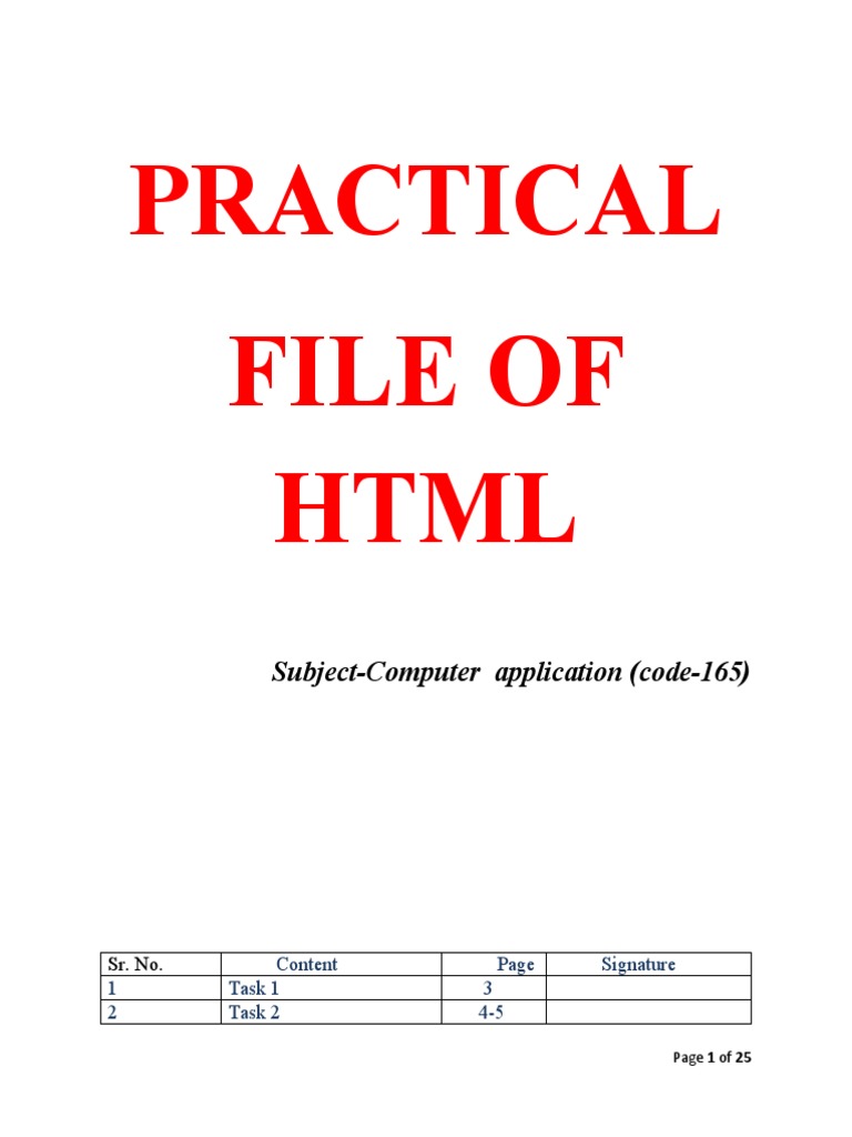 Practical File of HTML: Subject-Computer Application (Code-165) | PDF ...