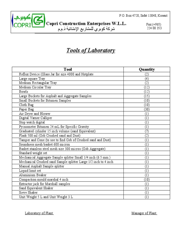 Tools of Laboratory: Copri Construction Enterprises W.L.L | PDF ...