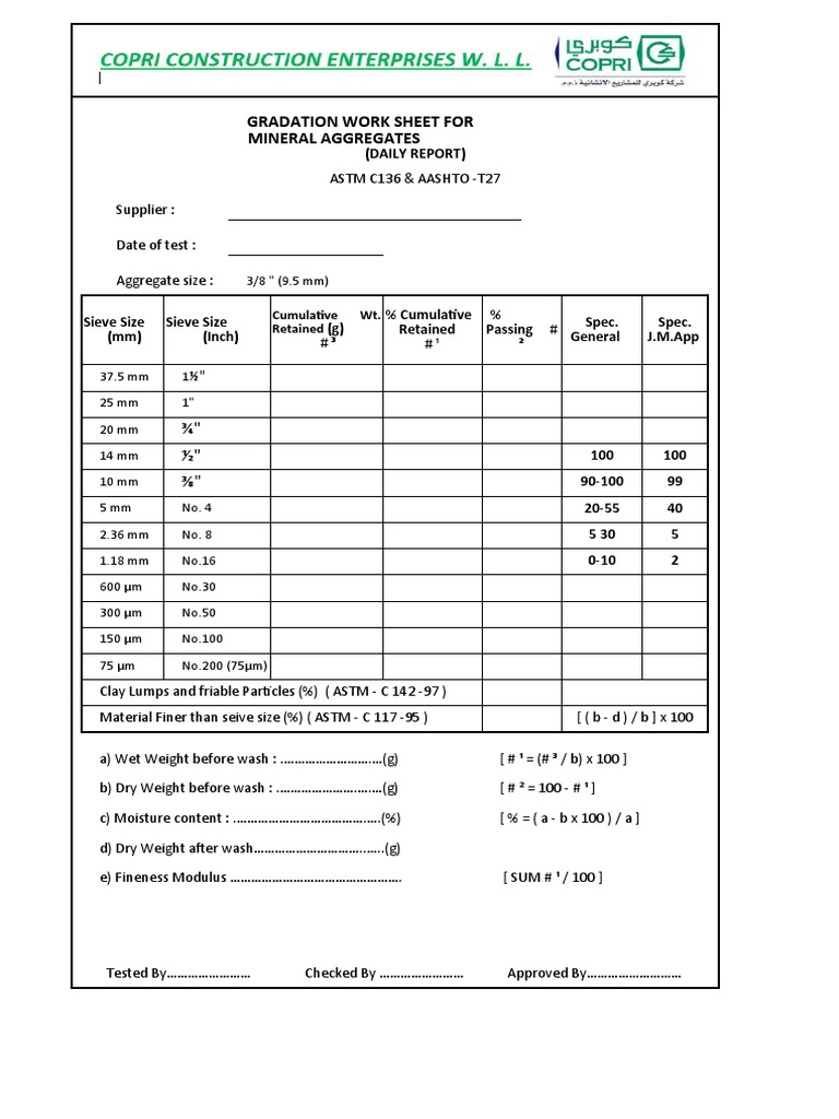 Gradation Work Sheet Form - 9.5mm | PDF | Materials | Building Engineering