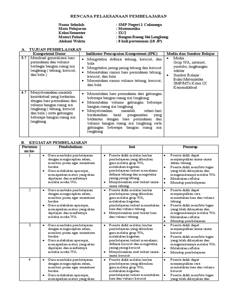 RPP Bangun Ruang Sisi Lengkung | PDF