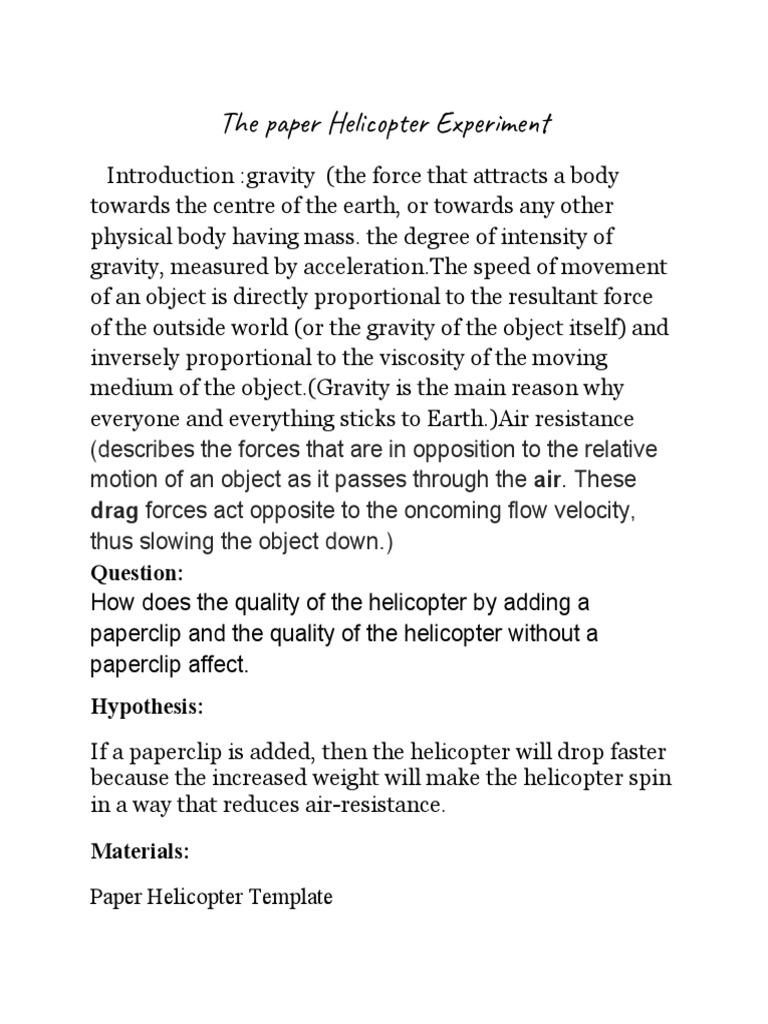 Paper Helicopter Experiment Results | PDF | Gravity | Drag (Physics)