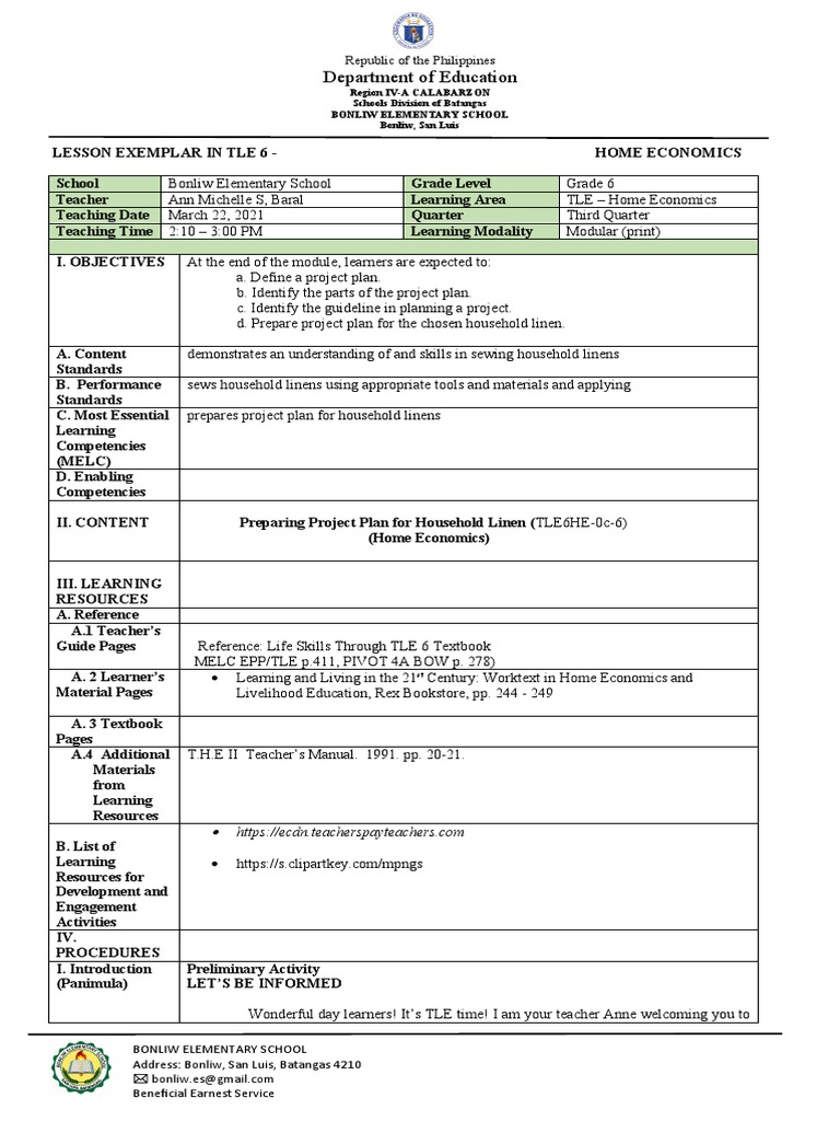 Lesson Exemplar Tle | PDF | Textiles | Seam (Sewing)