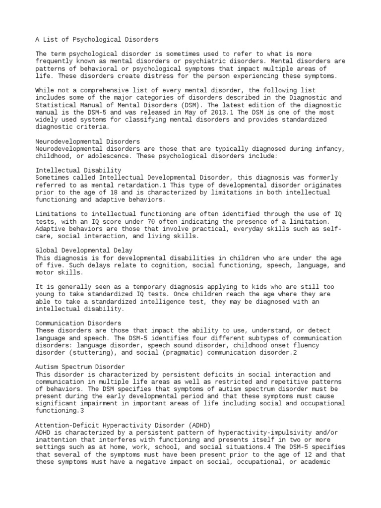 Psychological Disorders List