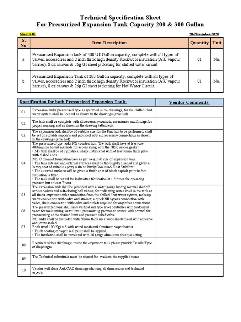 Sheet # 01 - Technical Specification Sheet For Pressurized Expansion ...