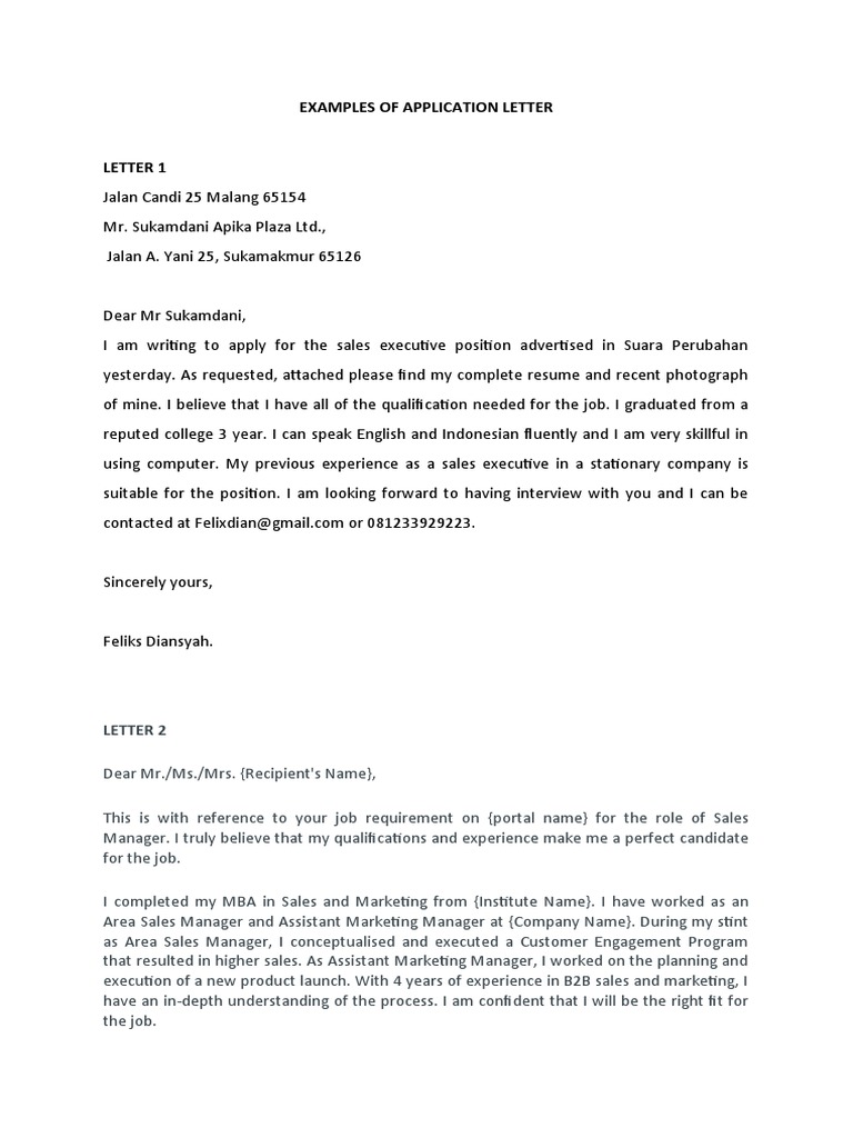 Examples of Application Letter | PDF | Sales | Marketing