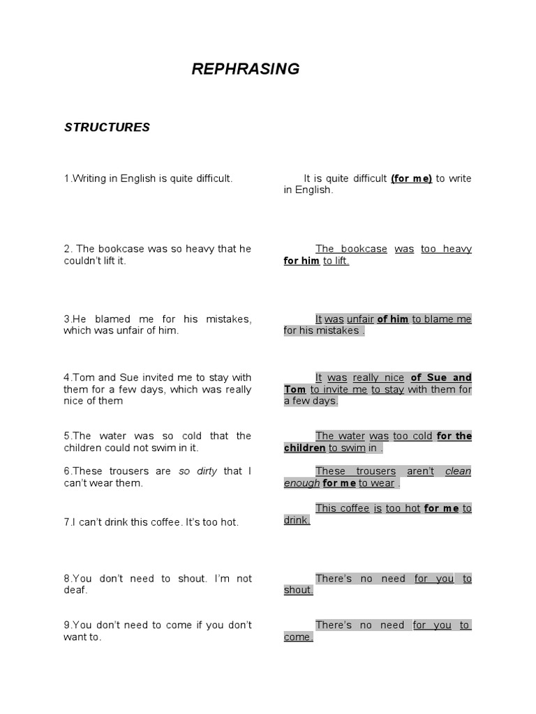 A Guide to Rephrasing Structures, Using Prefer and Rather, the Passive Voice, Causative Forms ...