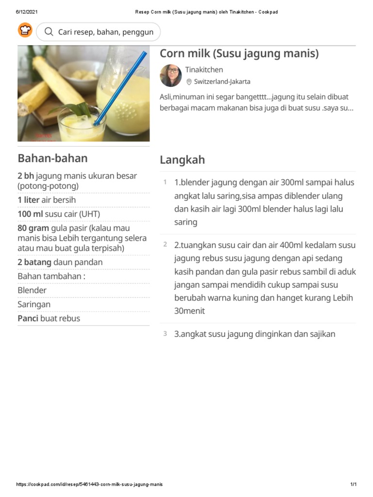 Resep Corn Milk (Susu Jagung Manis) Oleh Tinakitchen - Cookpad | PDF