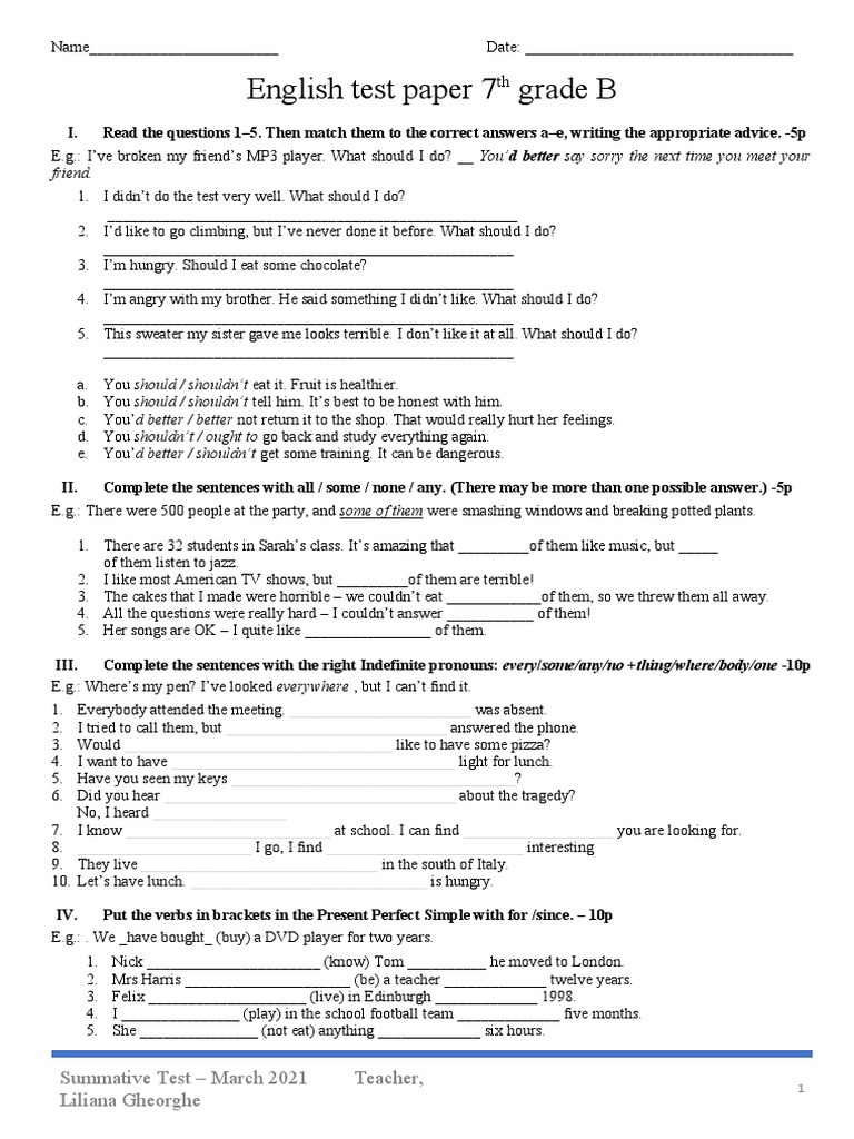 English Test Paper 7 Grade B: Friend | PDF | Grammar | Linguistics