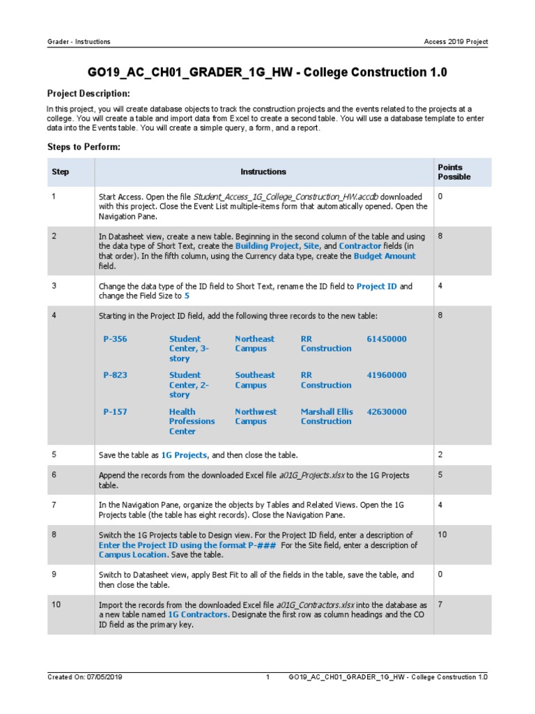 GO19 AC CH01 GRADER 1G HW Instructions | PDF | Table (Database) | Microsoft Excel